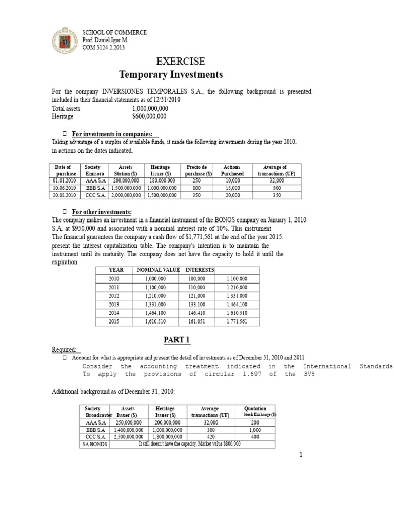 EXERCISE Temporary Investments Development | PDF | Investing | Bonds ...