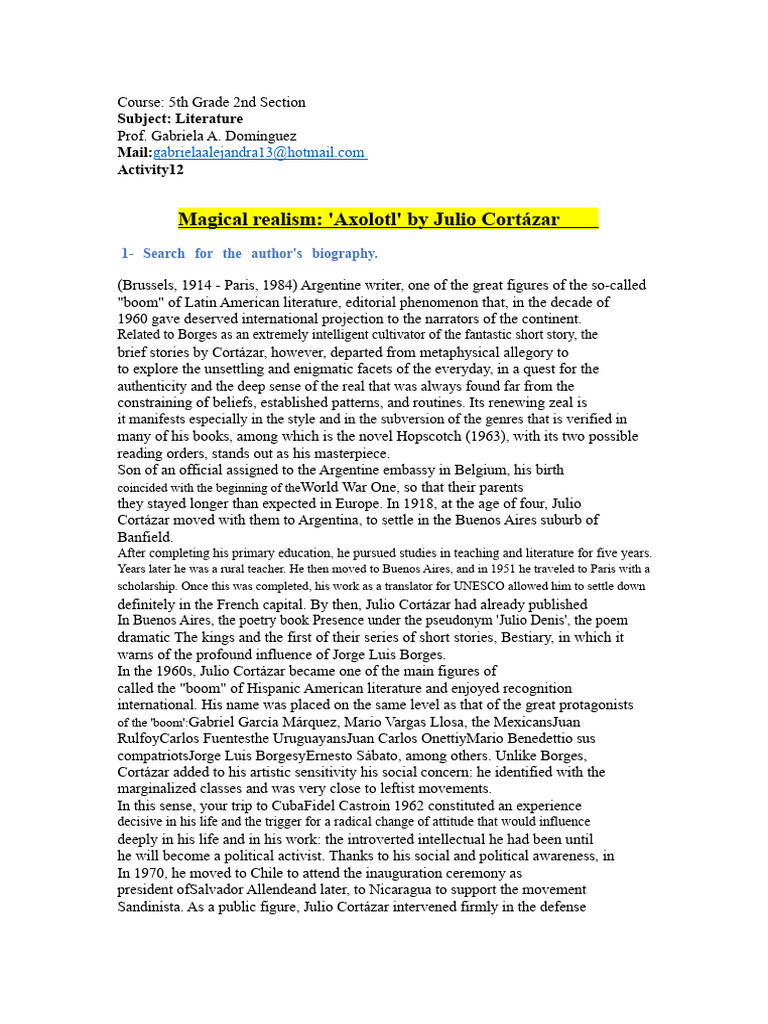 The Magical Realism Axolotl by Julio Cortázar | PDF | Latin American ...