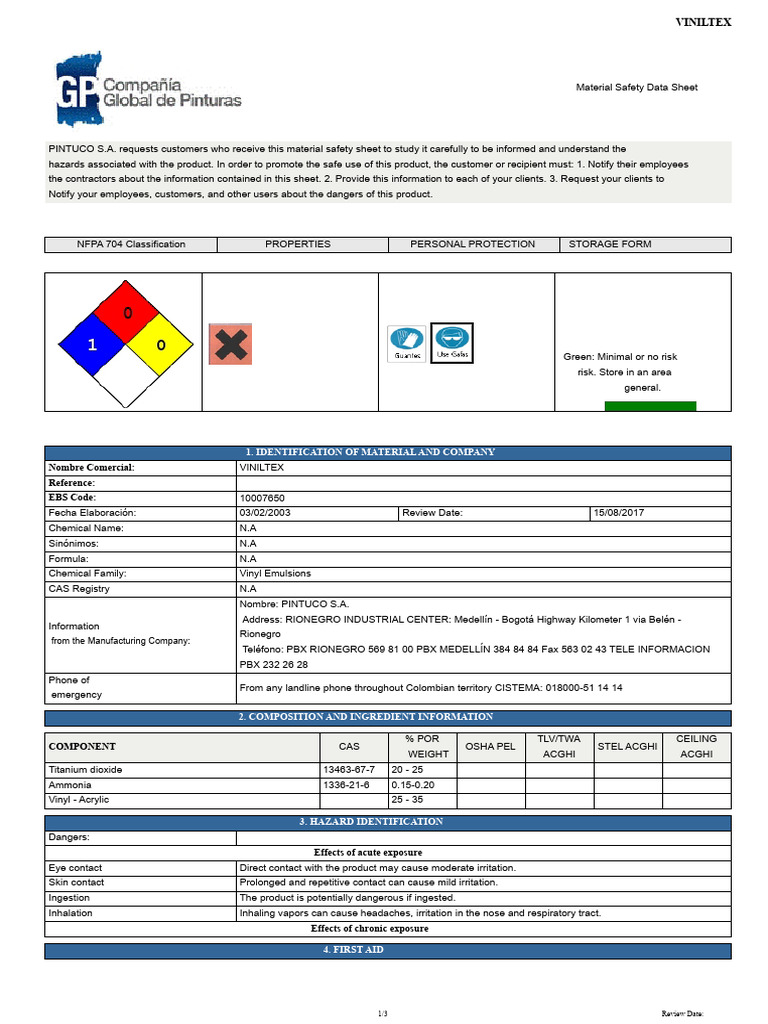 Safety Data Sheet VINILTEX | PDF | Workplace | Occupational Safety And ...