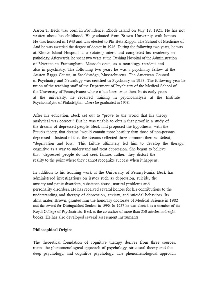 Biography of Aaron Beck | PDF | Psychotherapy | Cognitive Therapy
