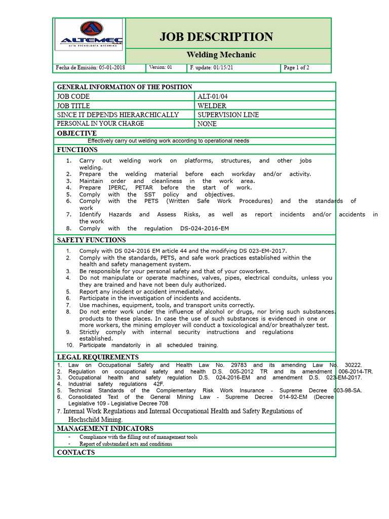 04 Job Description Welder | PDF | Occupational Safety And Health | Safety
