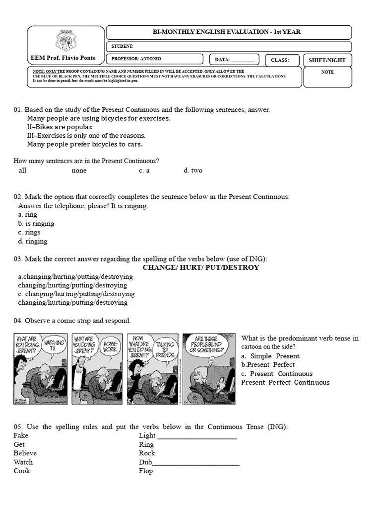 1st Year English Evaluation: Present Continuous | PDF | English ...