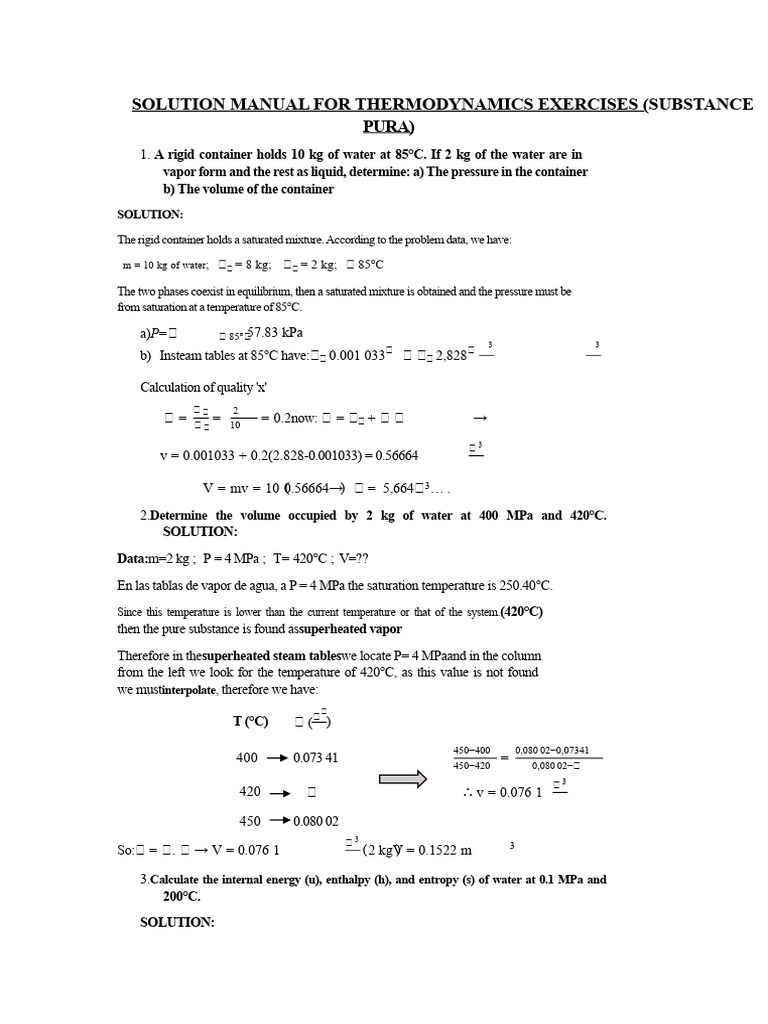 Solutions to Thermodynamics Exercises - Pure Substance 2018-II | PDF | Pascal (Unit) | Temperature