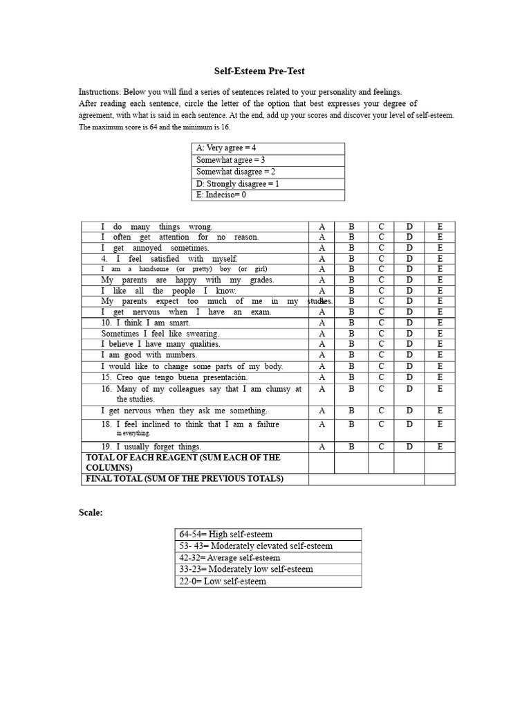 Pre Test Self-Esteem | PDF | Self Esteem | Psychology