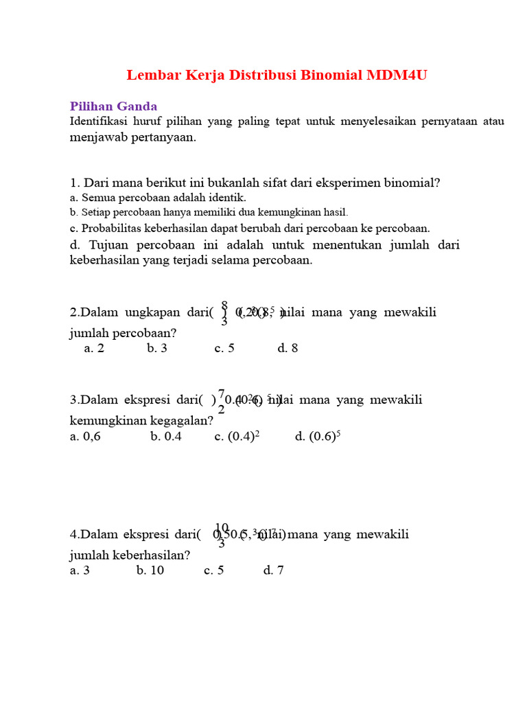Lembar Kerja Distribusi Binomial MDM4U | PDF