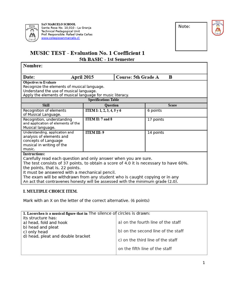 Music Assessment 5th Grade | PDF | Multiple Choice