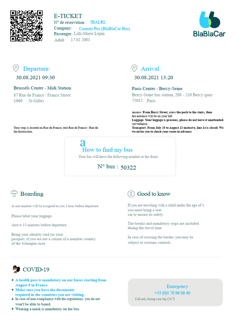 Ticket-Blabla-Bus-Round Trip | PDF | Bus | Customs