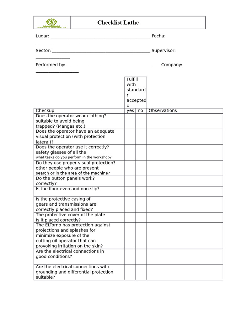 Lathe Safety Checklist Template | PDF | Mechanical Engineering