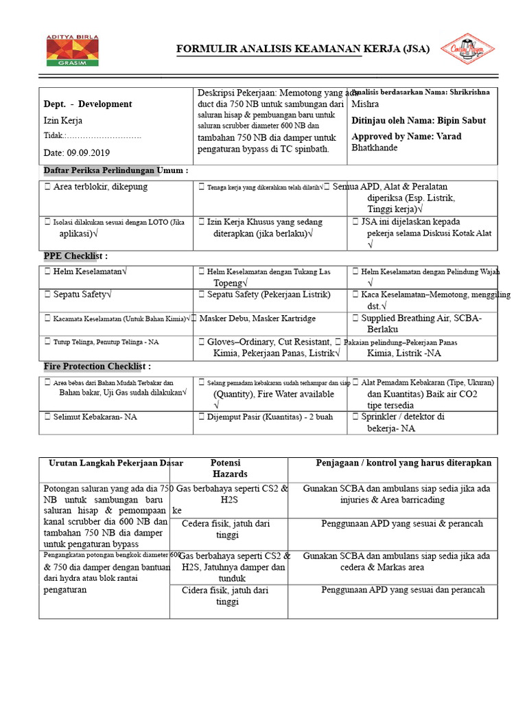 Formulir JSA Untuk Pemasangan Scrubber | PDF