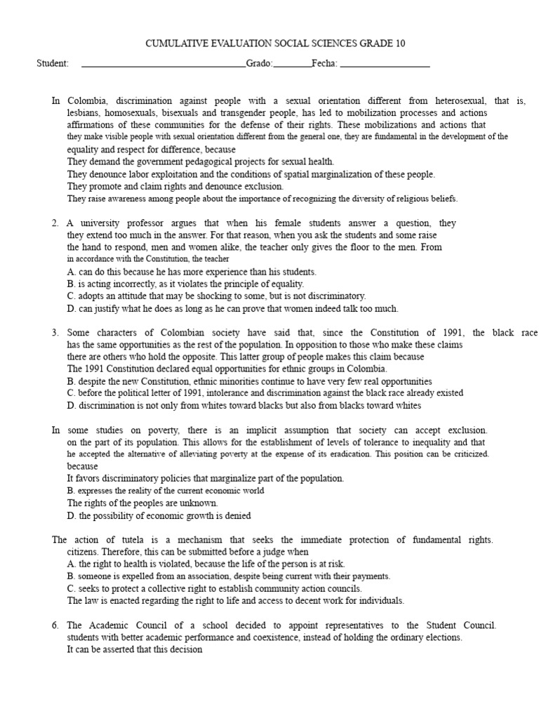 Cumulative Evaluation Social Sciences Grade 10 Third Period | PDF ...