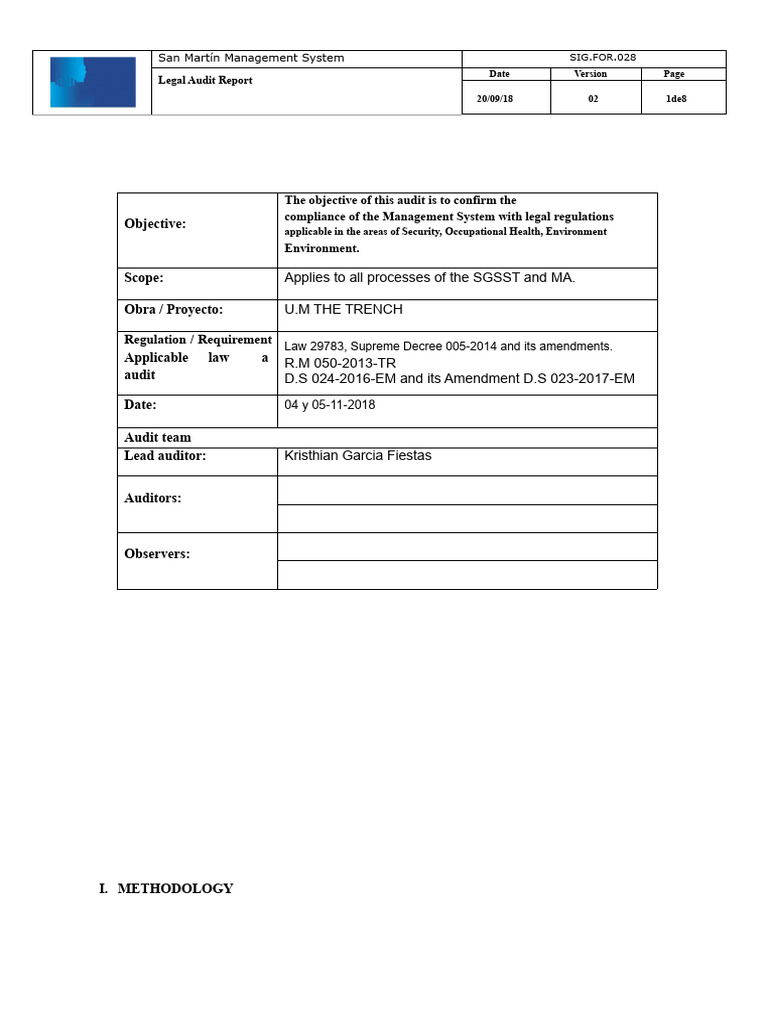 SIG - FOR.028 Legal Audit Report | PDF | Audit | Occupational Safety And Health