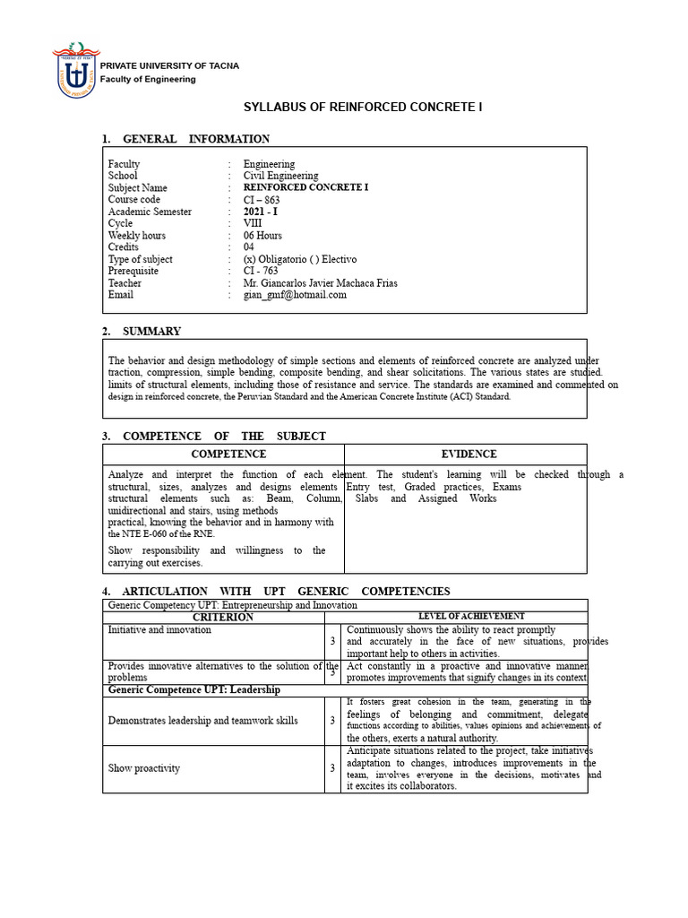 Syllabus For Reinforced Concrete I | PDF | Bending | Beam (Structure)