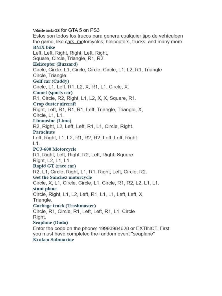 Vehicle tricks for GTA 5 on PS3 | PDF