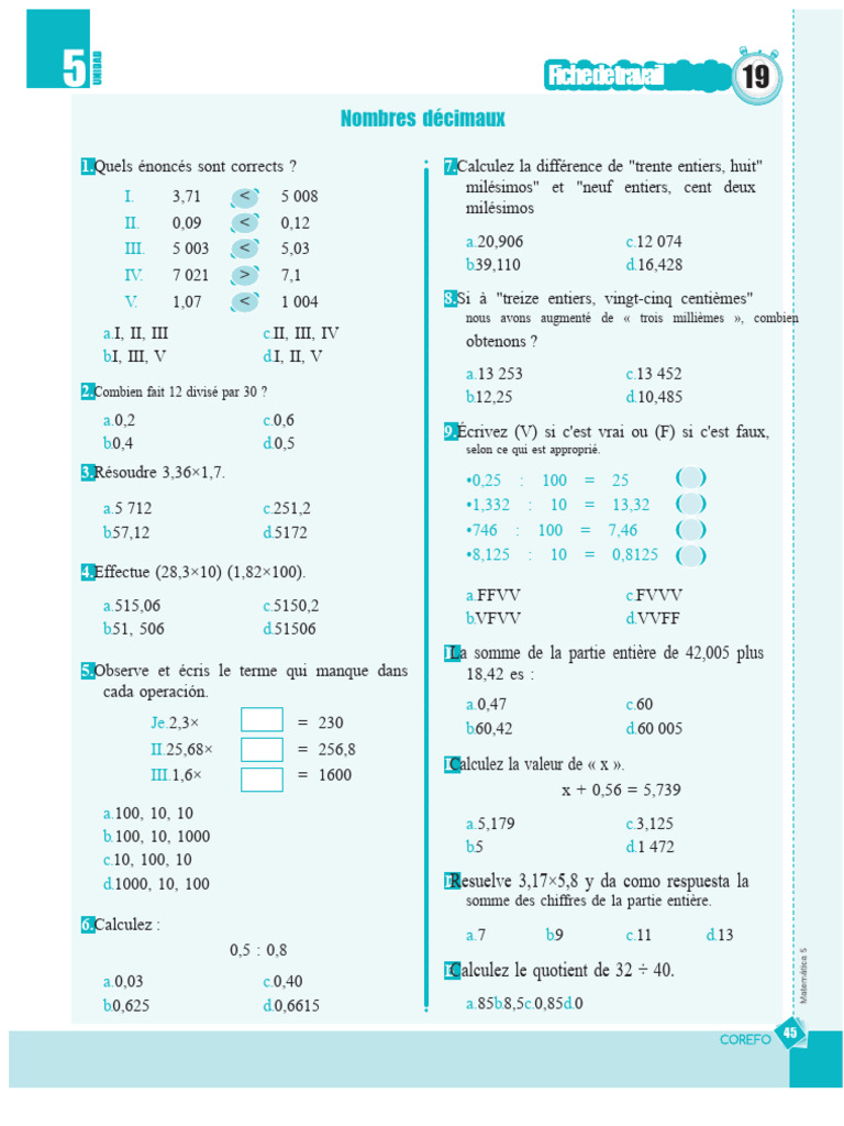 Fiche de Travail Sur Les Décimales | PDF | Mathématiques | Arithmétique