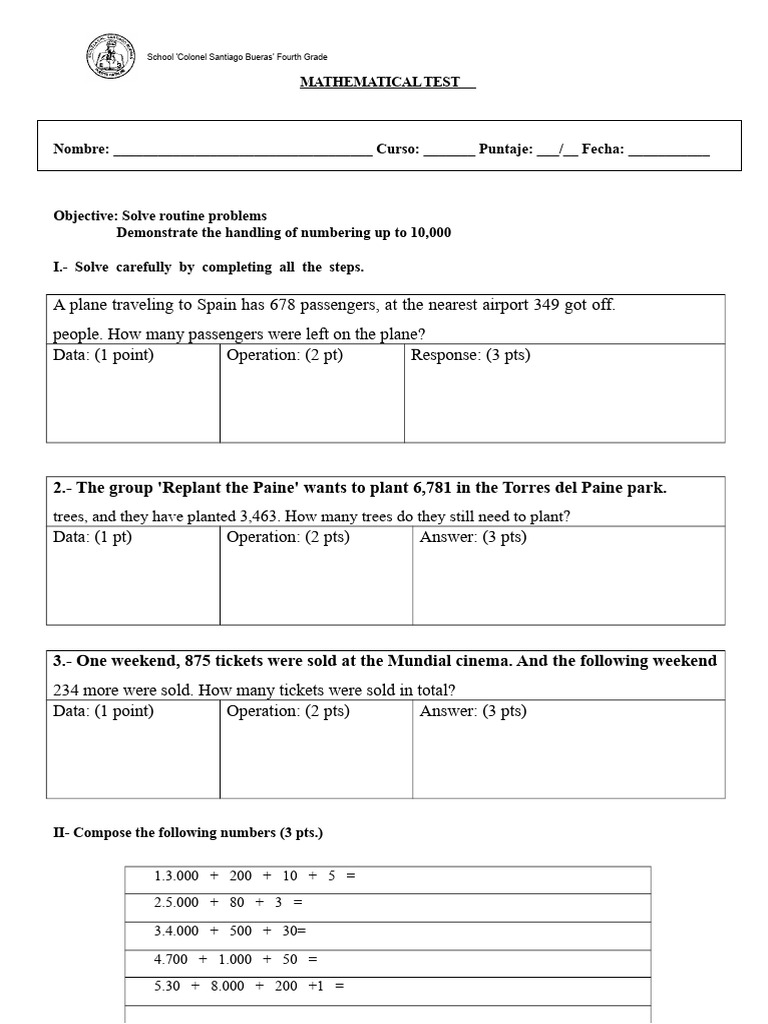 Fourth Grade Math Test: Problem Solving | PDF