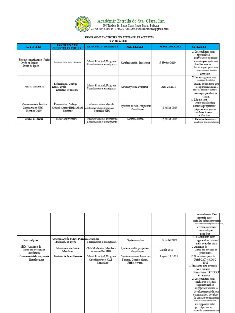 Programme d'activités scolaires 2019-2020 | PDF