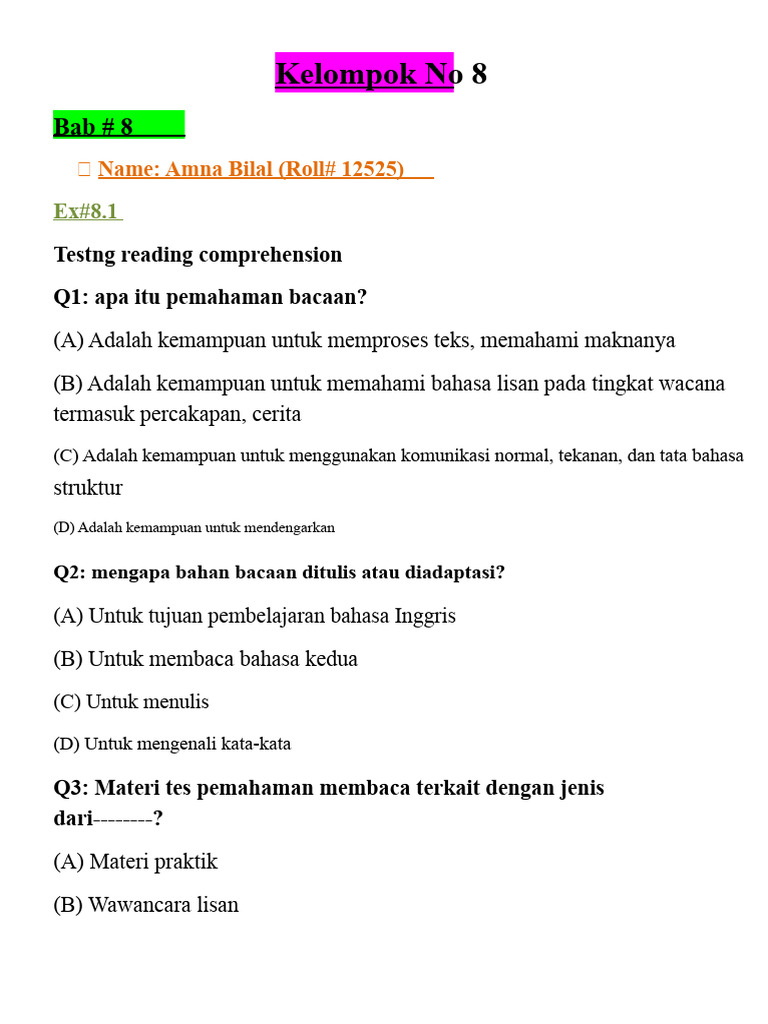Tes Pemahaman Bacaan dan Kegiatan Membaca | PDF
