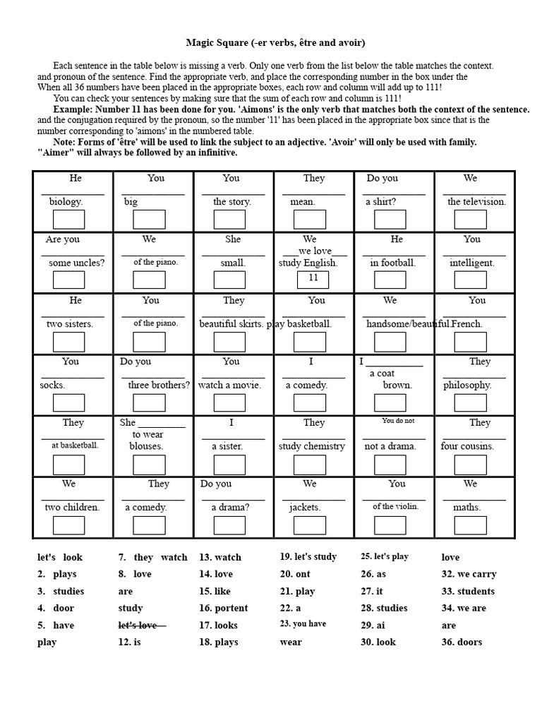 Magic Square - Er Verbs To Be To Have and Vocabulary | PDF | Verb ...