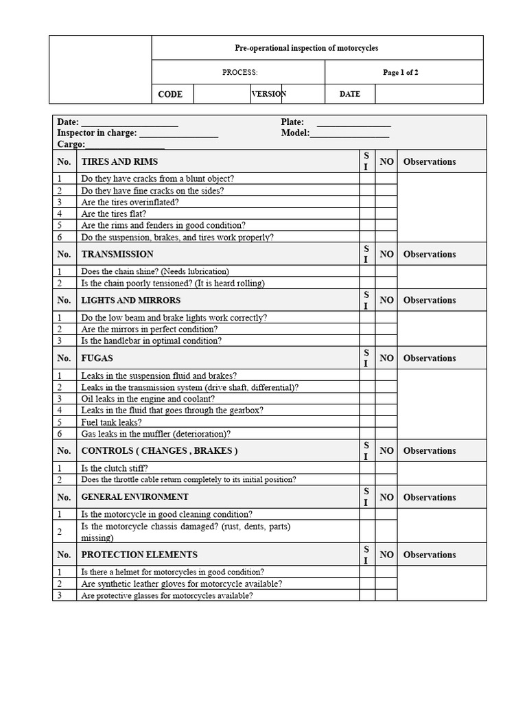 Pre-Operational Inspection Motorcycle | PDF | Motorcycle | Tire