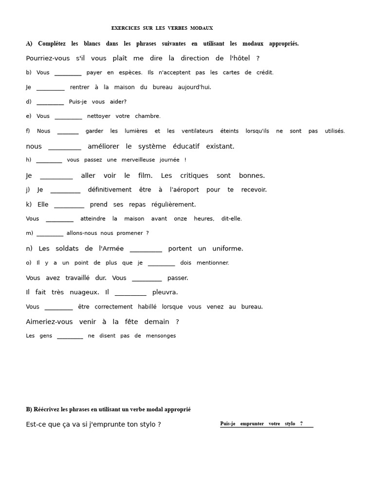Exercices sur les verbes modaux | PDF | Verbe
