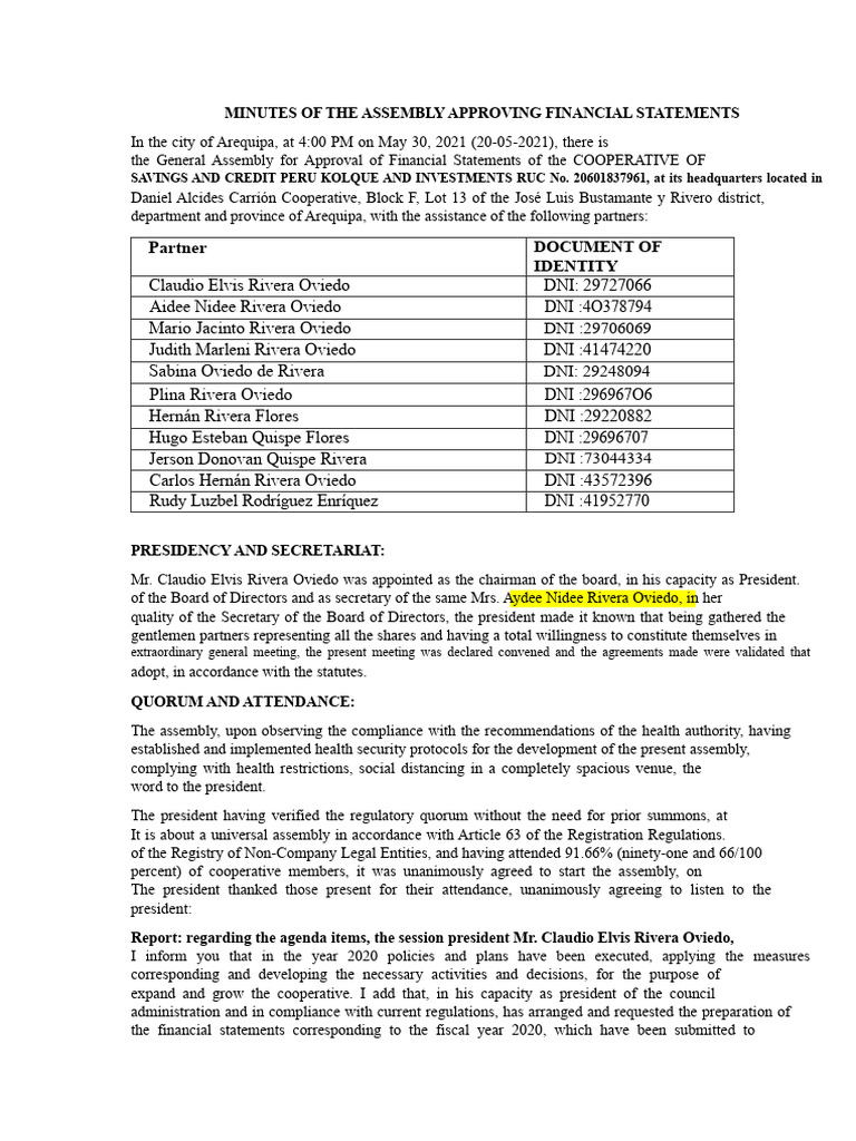 Minutes of the Assembly for the Approval of Financial Statements 2021 ...