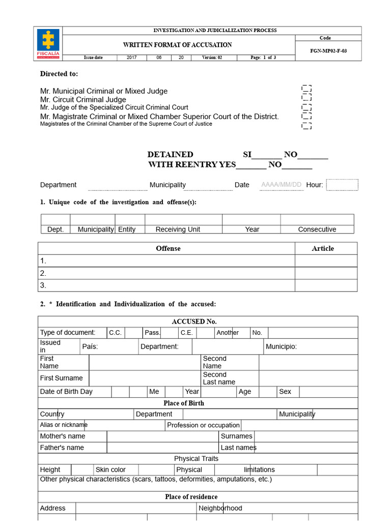 Fgn-mp02-F-03 Written Accusation Format v02 | PDF | Judge | Prosecutor