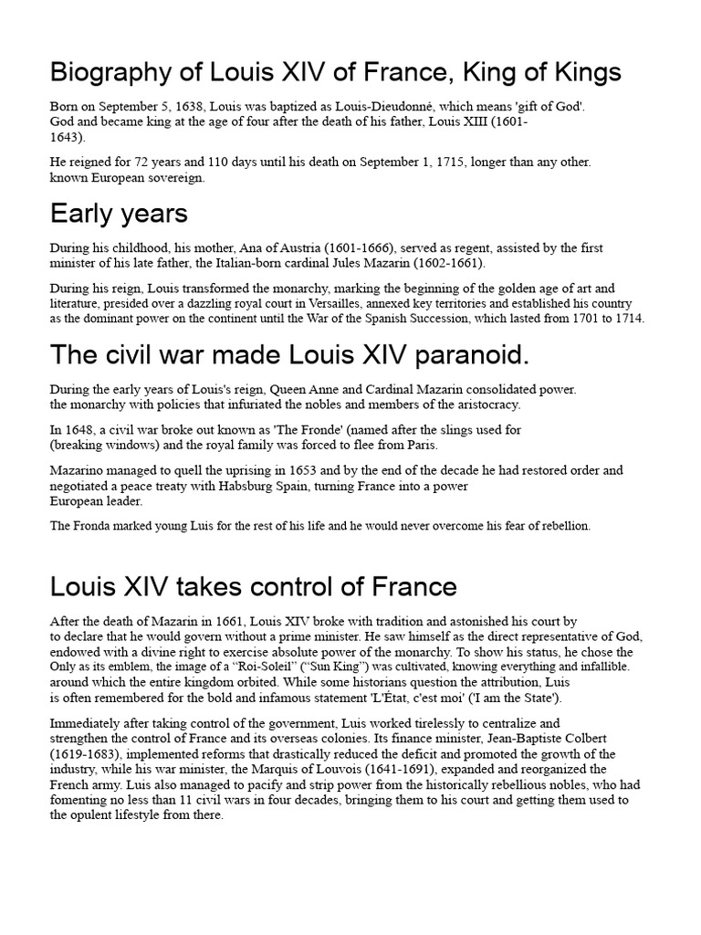 Biography of Louis XIV of France | PDF | Kingdom Of France | French ...