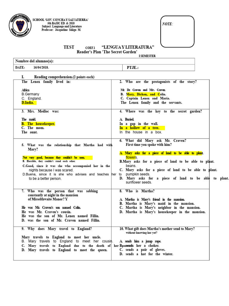 "Secret Garden Test for 5th Grade" | PDF | The Secret Garden