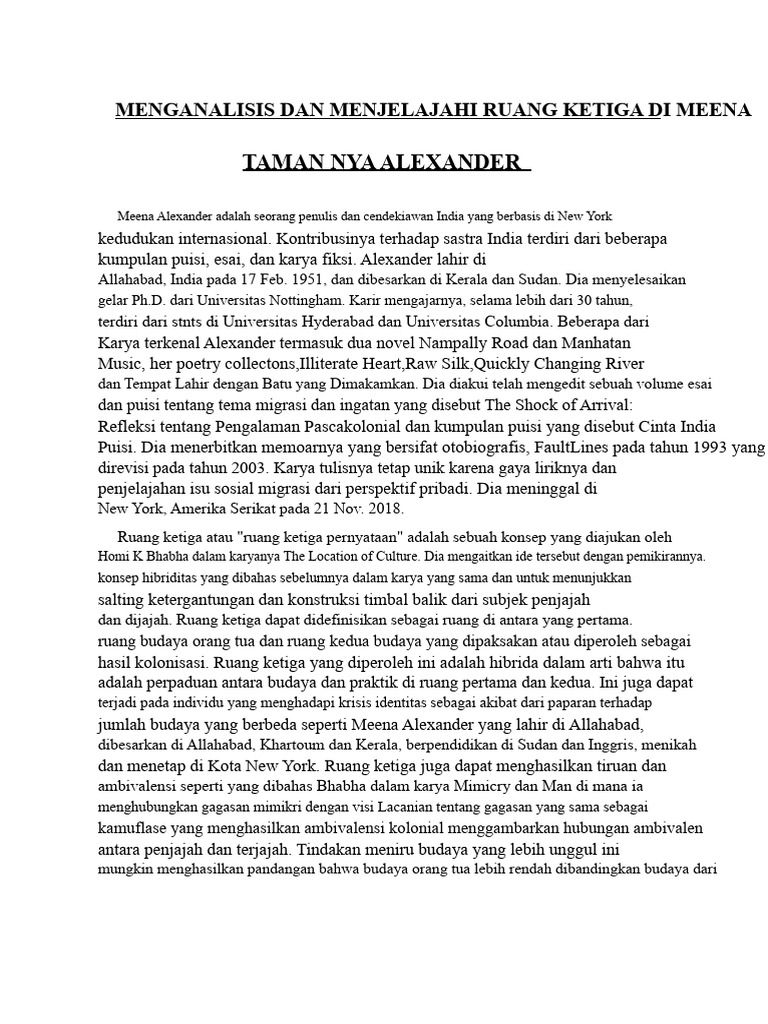Analisis Dan Menjelajahi Ruang Ketiga Dalam Meena Alexander | PDF