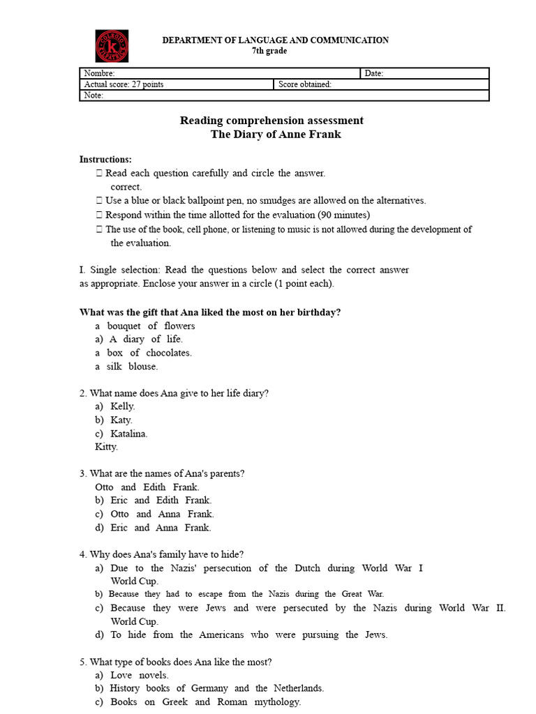 7th Grade Reading Comprehension: Anne Frank | PDF | Anne Frank