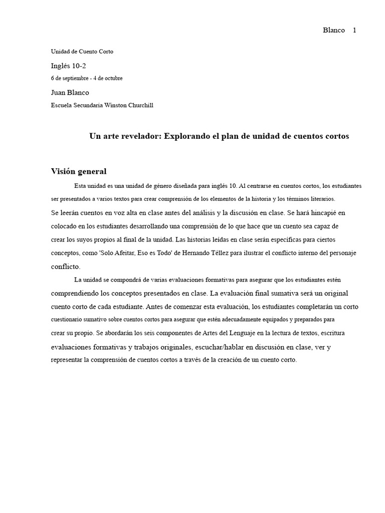 Plan de Unidad de Cuento Corto de Ela 10-2 | PDF | Cuentos | Cognición