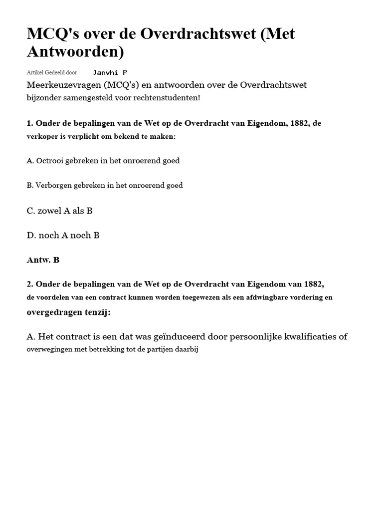 De Wet Op de Overdracht Van Eigendom, 1882 - MCQS PDF | PDF