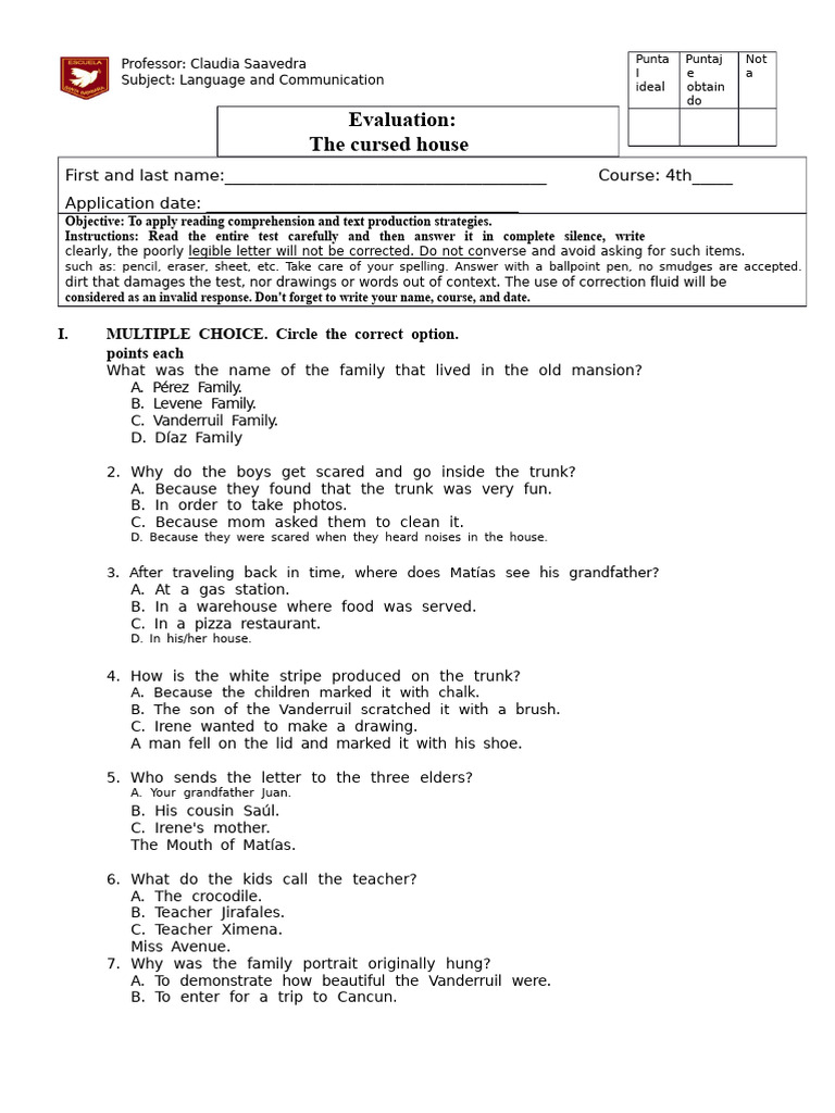 Test The Cursed House | PDF | Multiple Choice | Reading Comprehension