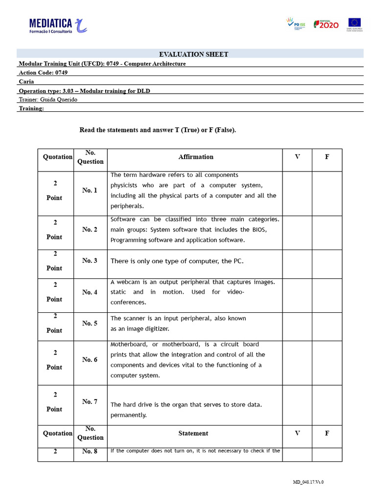 Computer Architecture Evaluation Sheet | PDF | Computer Hardware | System