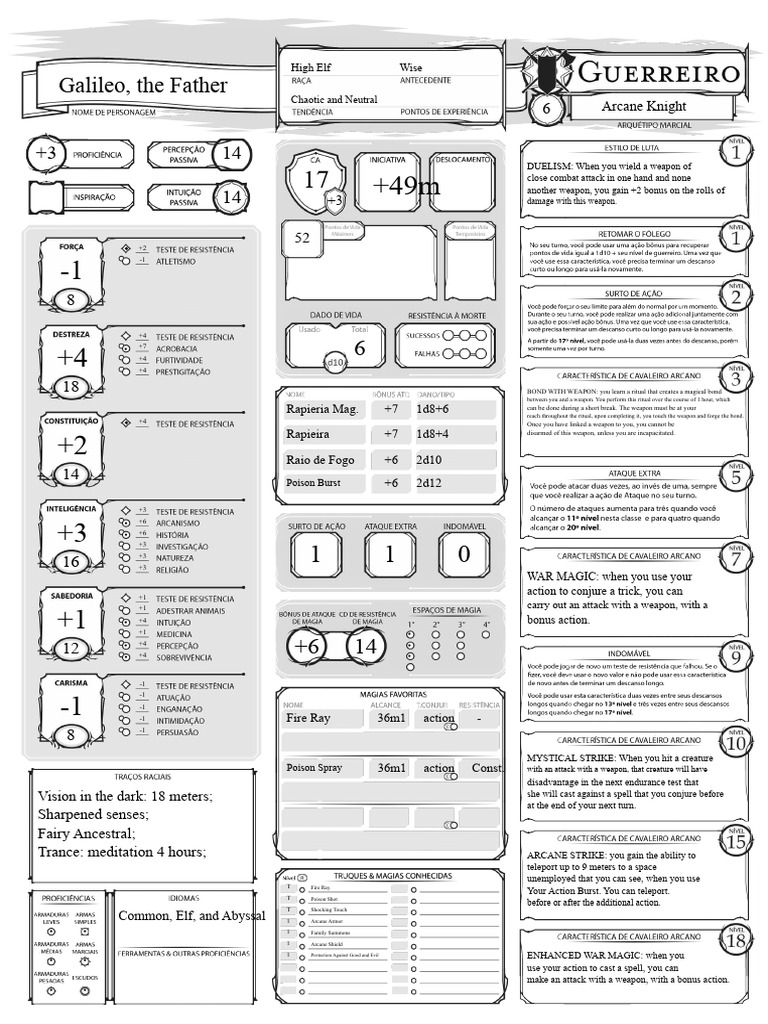 Character Sheet - Galileo - Arcane Knight | PDF