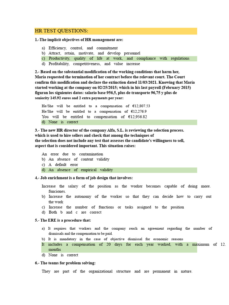HR Management Test Questions Guide | PDF | Employment | Performance ...