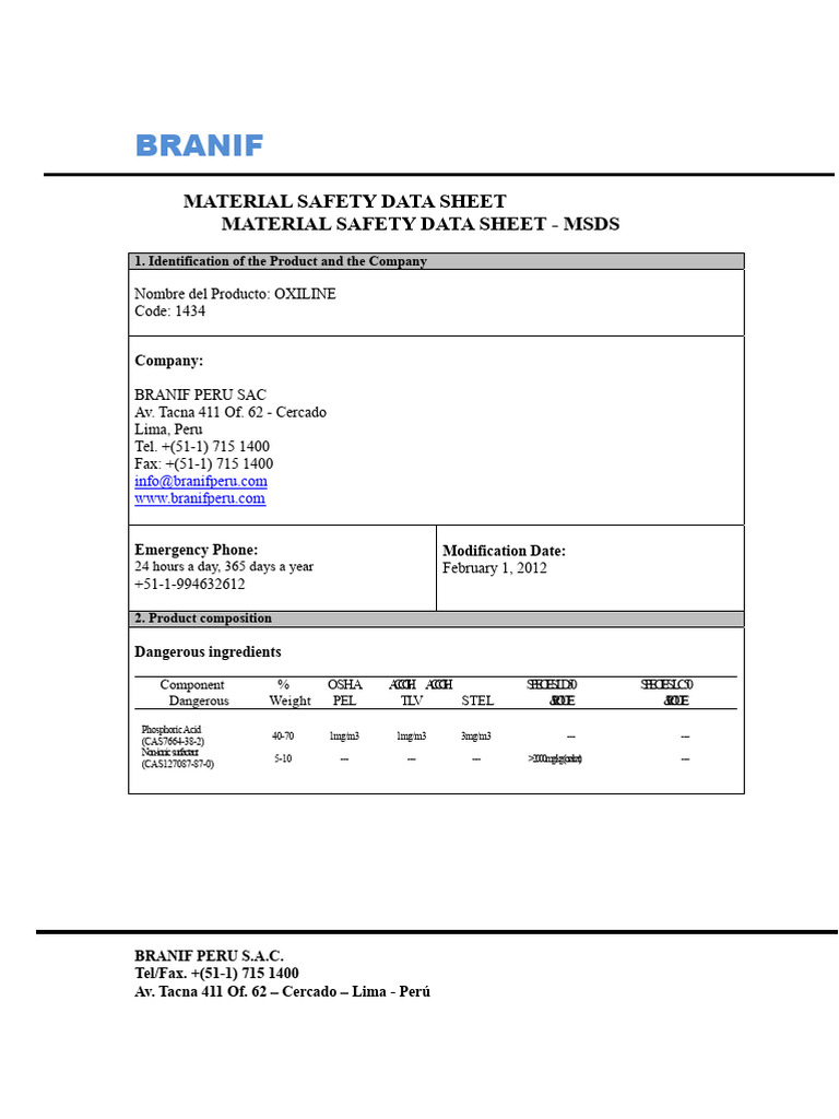 Branif Oxiline - MSDS | PDF | Silicon Dioxide | Chemistry
