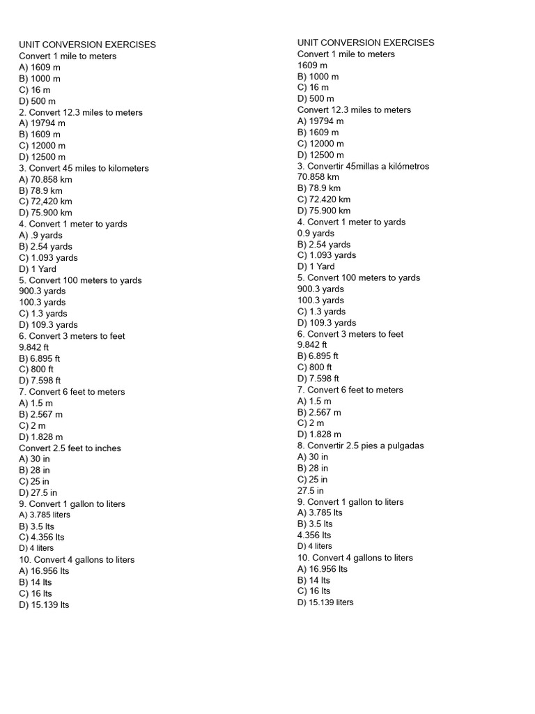 Exercises On Unit Conversion | PDF | Yard | Foot (Unit)
