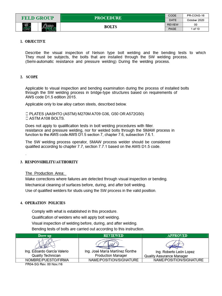 Bolt Welding Inspection Procedure | PDF | Welding | Construction