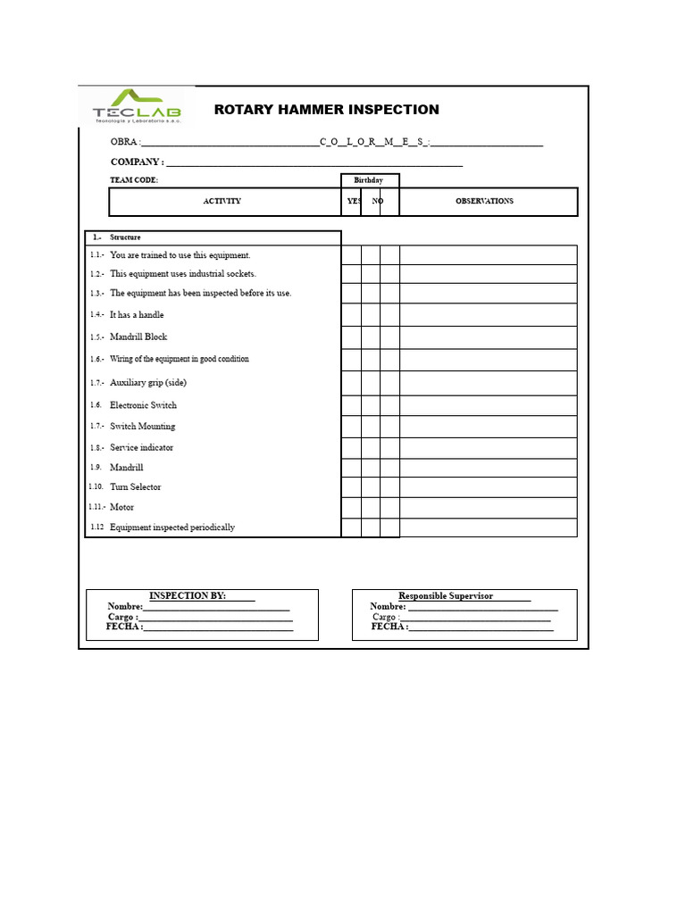 Check List of Rotary Hammer XLSX | PDF