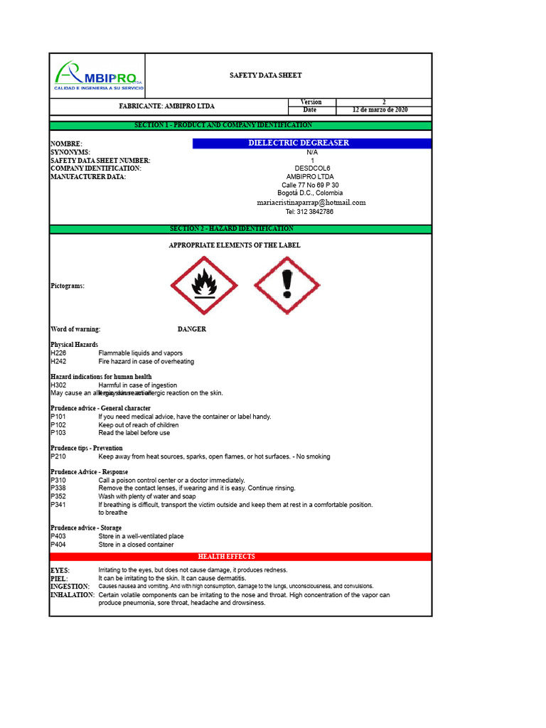 MSDS Dielectric Degreaser | PDF | Water | Materials