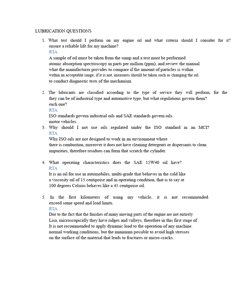 Lubrication Questions | PDF | Motor Oil | Applied And Interdisciplinary ...