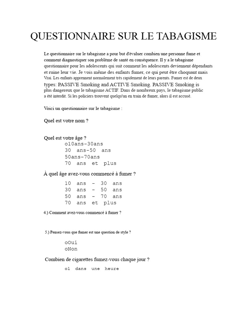 Questionnaire sur le tabagisme et ses effets | PDF | Déterminant de ...