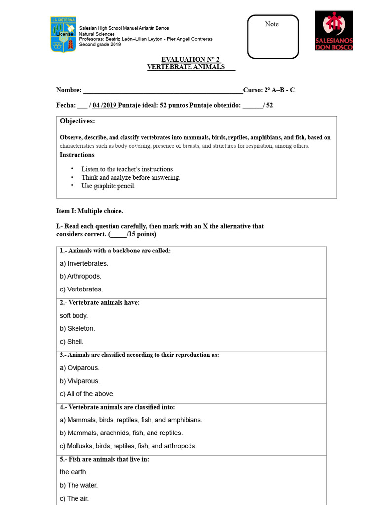 EVALUATION N°2 Vertebrate Animals | PDF | Reptile | Egg