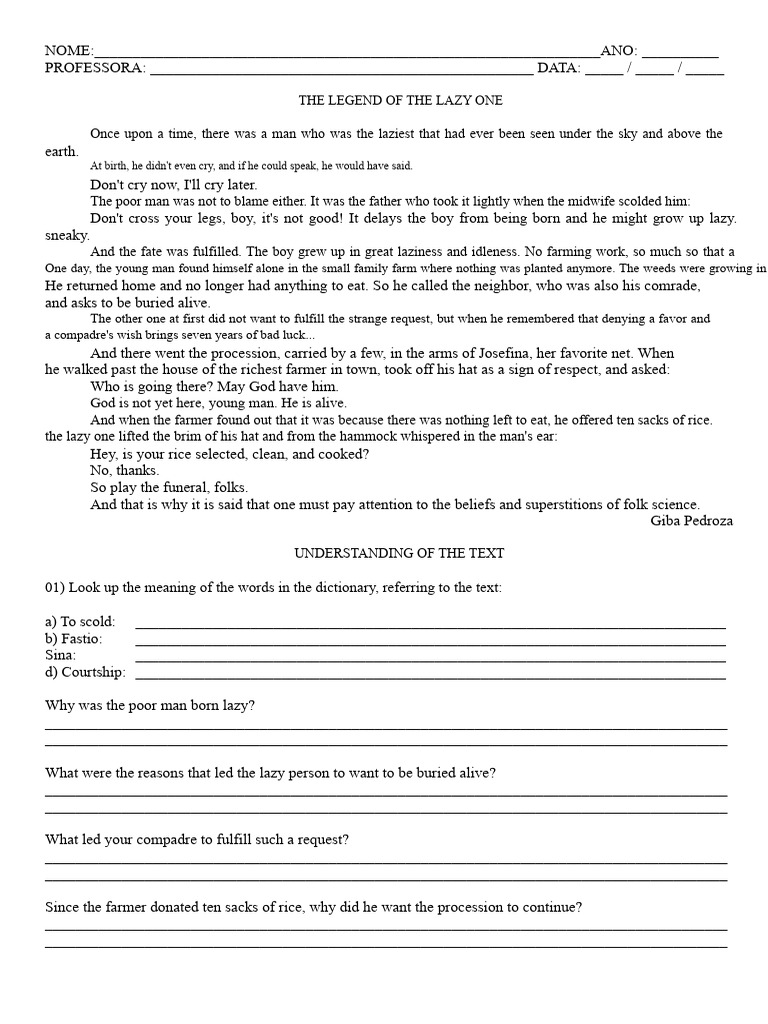 Activity - Tale - The Legend of The Lazy One | PDF | Folklore