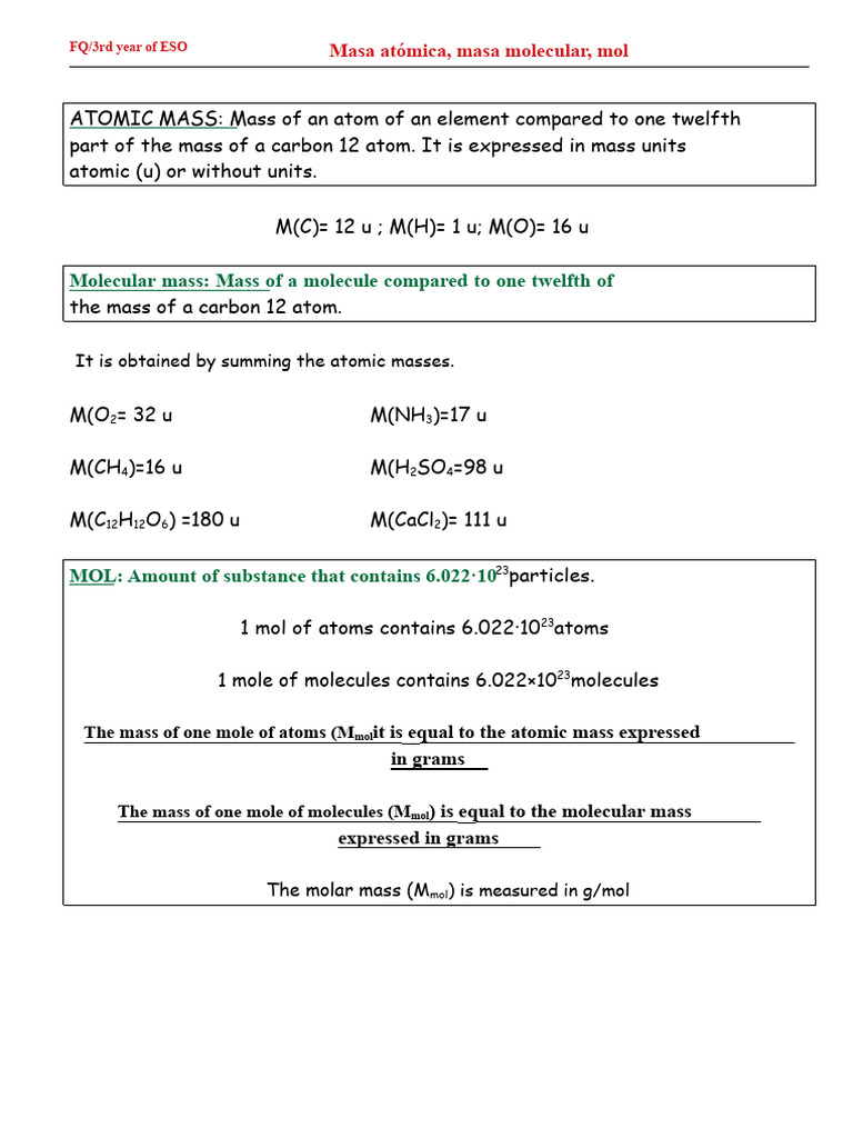 SUMMARY AND EXERCISES (Atomic Mass, Molecular Mass, and Mole) | PDF ...