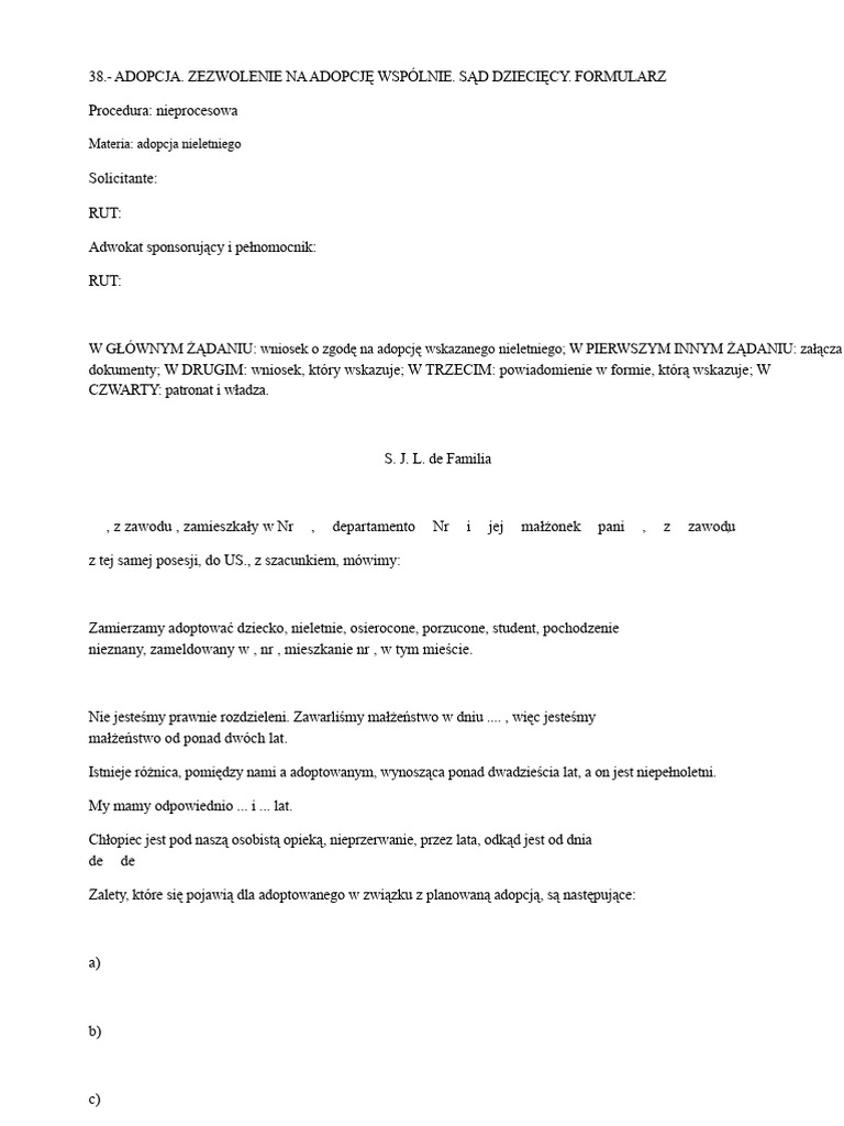 Adopcja. Zezwolenie Na Adopcję W Porozumieniu. Sąd Dla Nieletnich. Formularz | PDF
