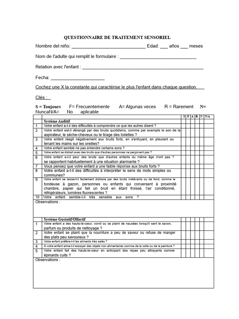 Questionnaire d'Évaluation Sensorielle Enfant | PDF | Sommeil | Œil