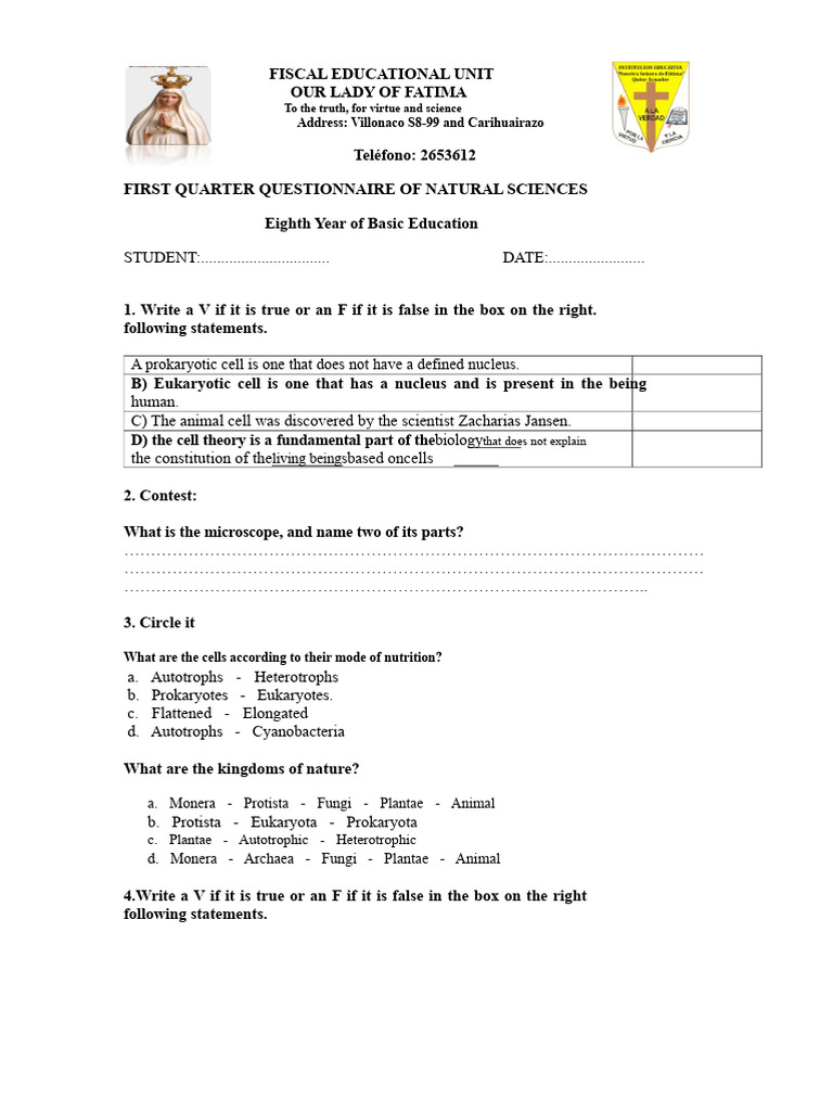 Eighth Year Natural Sciences Questionnaire | PDF | Cell (Biology ...