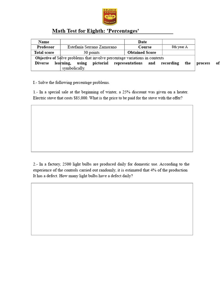 Math Test For Eighth Grade Percentages | PDF